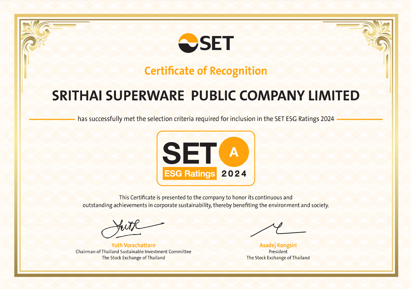 “SITHAI” คว้า SET ESG Rating : A จากการประเมินผลหุ้นยั่งยืน ปี 2567 แสดงถึงความมุ่งมั่นในการ ...